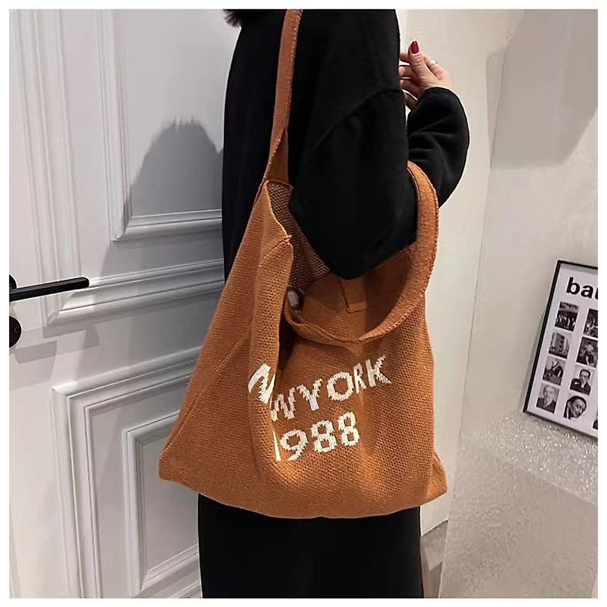 Grunge Knitted Tote Bag Y2K Fairycore Letter Shoulder Bag Aesthetic Hobo Bag Indie Crossbody Bag Alt Purse Accessories (Beige)