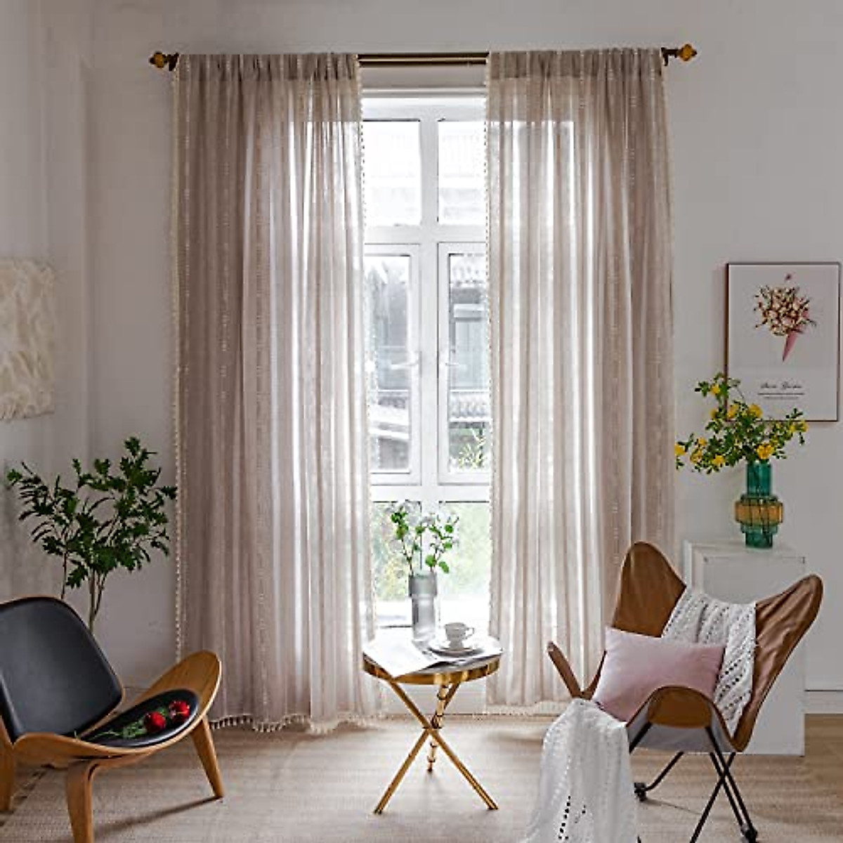 Linen Curtains 84 Inches Long Embroidery Striped Farmhouse Curtains for Living Room Tassel Boho Curtains for Bedroom Light Filtering Curtains 2 Panels Set Rod Pocket Drapes (52" W x 84" L,Khaki)