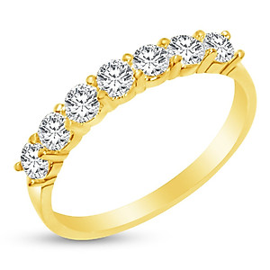 Size - 9 - Solid 14k Yellow Gold 3mm Round Cut Seven Stone Prong Set Anniversary Ring Wedding Band CZ Cubic Zirconia 1/2 cttw.