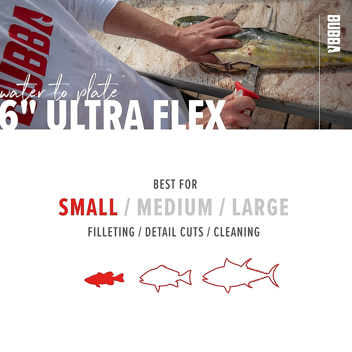 BUBBA 6 Inch Ultra Flex Tapered Fillet Knife with Non-Slip Grip Handle, 8Cr13MoV Stainless Steel Blade, Lanyard Hole and Synthetic Sheath for Fishing