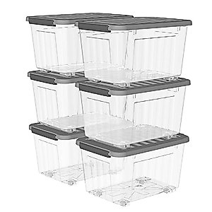 Cetomo 55L*6 Plastic Storage Box,Transparent, Tote box,Organizing Container with Durable gray Lid and Secure Latching Buckles, Stackable and Nestable, 6Pack, with Buckle