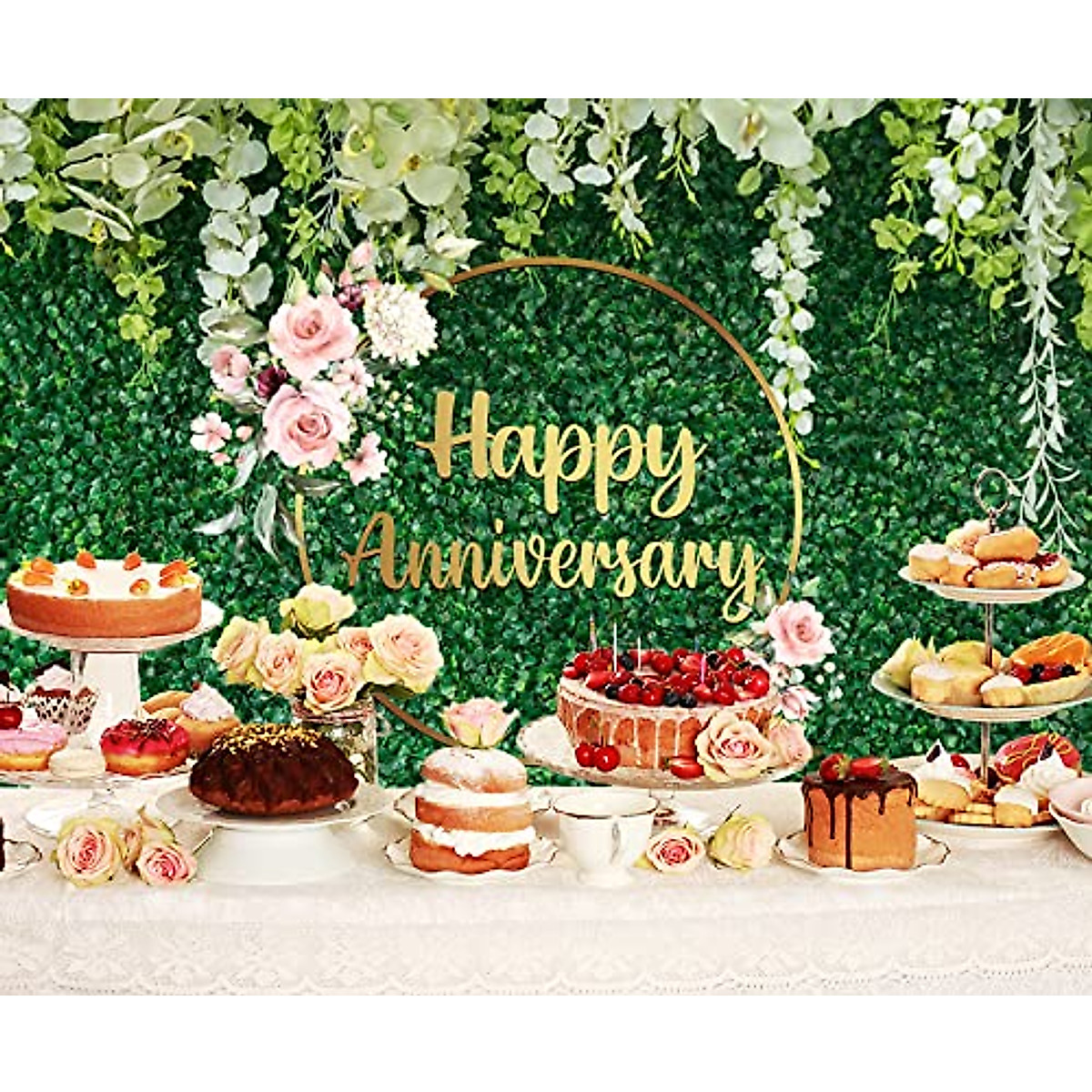 Ticuenicoa 7x5ft Green Grass Wall Floral Happy Anniversary Backdrop for Flower Love Cheers to 10 Years 50th Wedding Birthday Party Supplies Decorations Banner Photo Booth Props Gifts Background