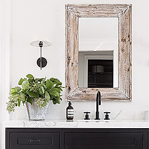 EMAISON 36 x 24 inches Wall Mounted Decorative Mirror, Rustic Wood Framed Rectangular Hanging Mirror with 4 Hangers for Farmhouse Bathroom, Entryway, Bedroom Décor