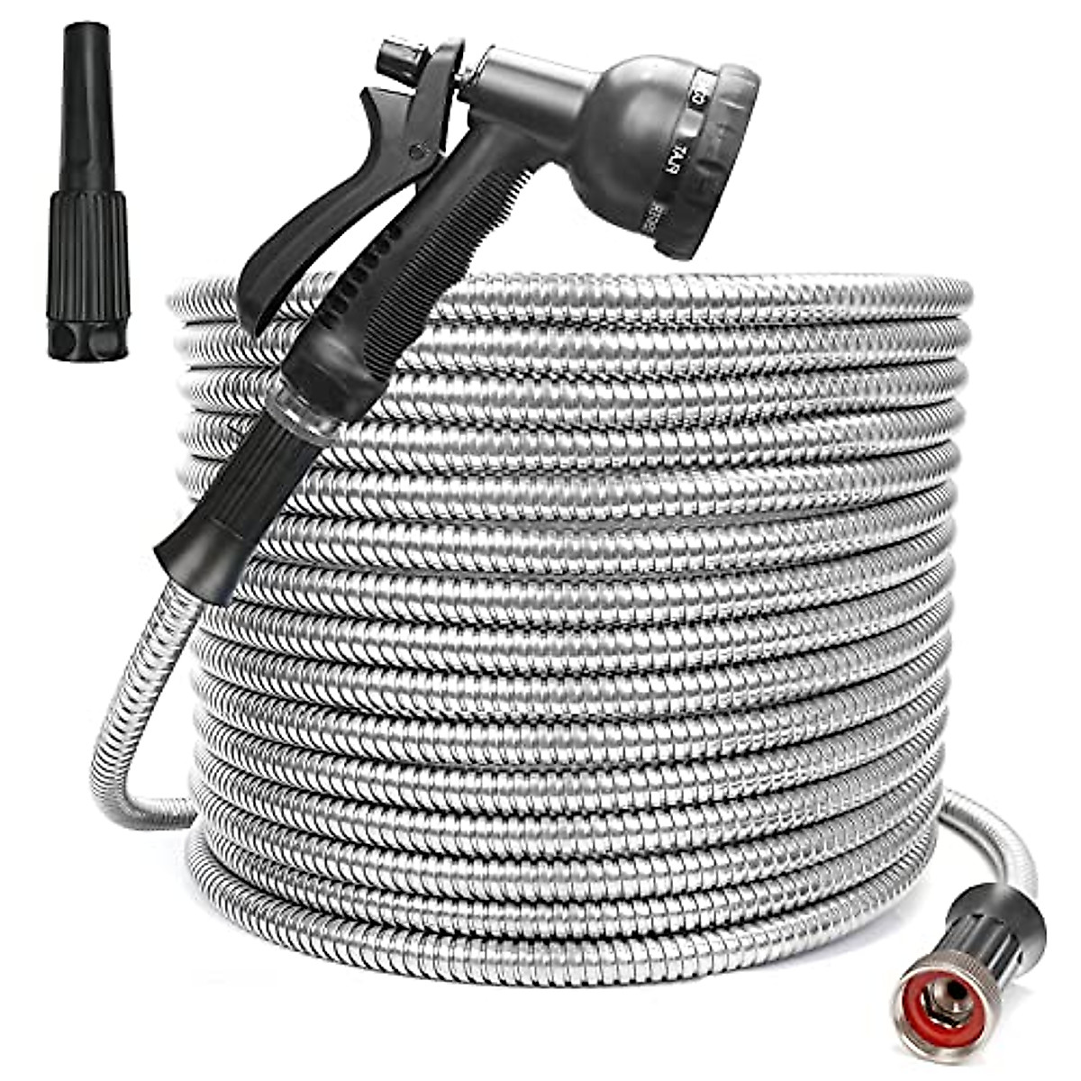 Flantor Garden Hose 304 Stainless Steel Water Hose, 75ft Heavy Duty Metal Garden Hose Expandable Leak and Fray Resistant Design Garden Hose with 8-Pattern Spray Nozzle Collapsible Hose (75ft)