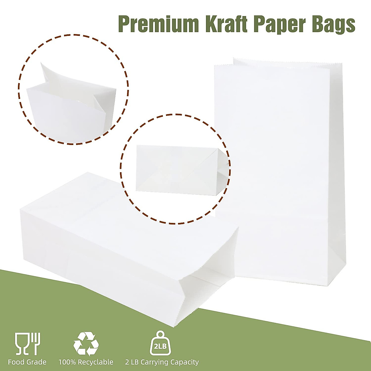 Moretoes 150pcs White Paper Bags, 2lb Paper Bags, Small Paper Bags White Lunch Bags White Paper Lunch Bags 4.3" x 2.5" x 7.9"