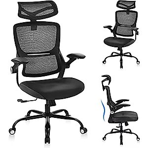 Office Chair Ergonomic Desk Chair - PU Leather Cushion Mesh High Back with Lumbar Support Computer Chair, Adjustable Flip Up Arms, Home Office Desk Chair