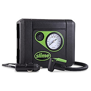 Slime 40060 Tire Inflator, Compact, Portable Car Air Compressor, Analog, Quick Connect Air Hose, Flat Tire Puncture Repair, 12V, 10 min inflation Black