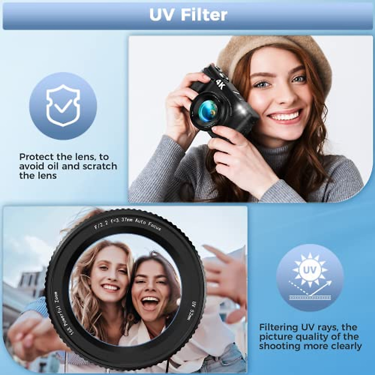 Bioyoak Digital Camera Auto Focus 4K 48MP 60FPS Video Camera 16X Digital Zoom Camera for Photography YouTube Vlogging Compact Camera 32GB Memory Card UV Filter