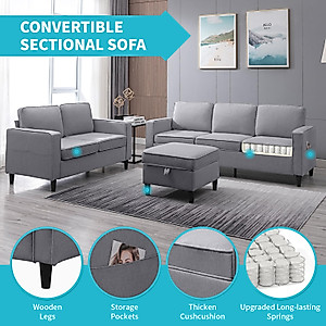 CECER 5 Seaters Upholstered Sectional Sofa, Linen Fabric Sofa Couch with Side Pockets, 3 Seater Couch and Chair with Movable Storage Ottoman, for Living Room-Sofa&Loveseat&Ottoman,Light Grey