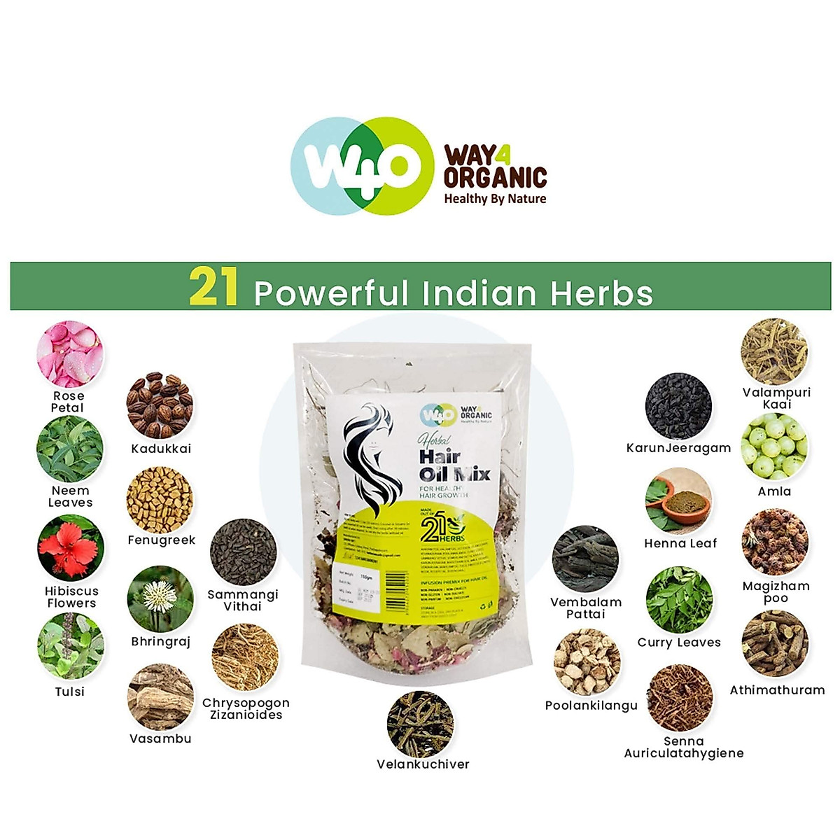 Herbal Hair Oil Mix of 21 Herbs for Thick Long Hair Growth 150 grams, Hairfall, Hair Repair, Scalp Care, Haircare Products Both for Men & Women - Way4Organic
