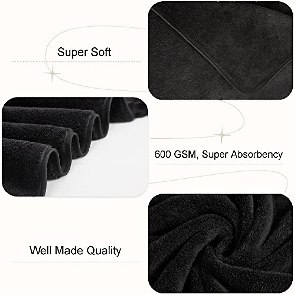 Junsey Black Bath Towels Set of 6, Bathroom Towels 27x55in Quick Dry Towel Set 600 GSM Microfiber Towels Super Soft Absorbent Shower Towels for Bathroom Hotel Spa Gym Camping Beach