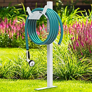 Aqua Joe SJ-SHSBB3LIH Garden Hose Stand with Brass Faucet and 3 ft Lead in Hose, Gray