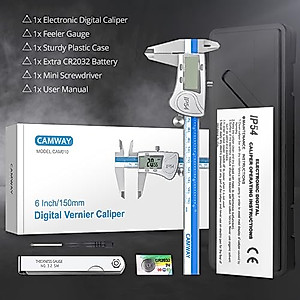 CAMWAY Digital Caliper Waterproof + 32PCS Feeler Gauge, Digital Caliper 150 mm,6 Inch Stainless Steel Electronic Vernier Caliper Fractions/Inch/Metric Measuring Tool