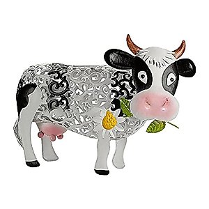 QIANSHENG Solar Powered Cow Garden Statue Resin Cow Figurine with LED Solar Light Outdoor Decor Color Changing Lamp Cow Carrying Daisy Indoor Patio Lawn Yard Art Ornaments, 6.5x5.7in