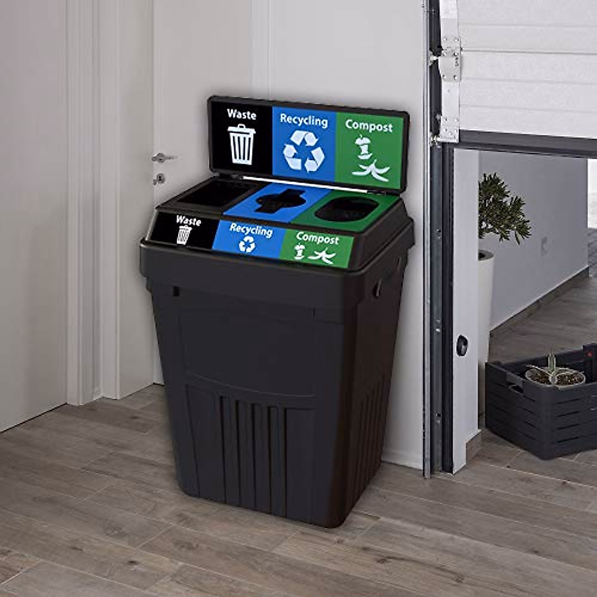 CleanRiver Flex E Bin - 50 Gallons | 3-in-1 Streams | Waste, Recycling, & Compost Basket with Backboard | Black Color