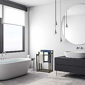 MyGift 3 Tier Matte Black Metal Bar Bath Towel Holder on Vintage Gray Solid Wood Frame Stand with Slatted Storage Shelf, Floor Standing Bathroom Drying Rack