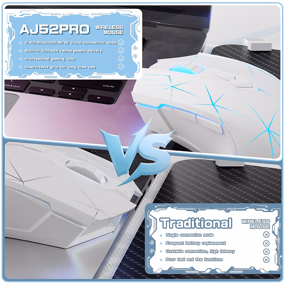 AJ52PRO Wired Wireless Bluetooth Gaming Mouse with RGB LED Backlight Adjustable 10000DPI Ergonomic 7 Programmable Button Rechargeable 800mAh Battery 2.4Ghz USB Receiver for PC Mac PS4 Gamer(StarWhite)