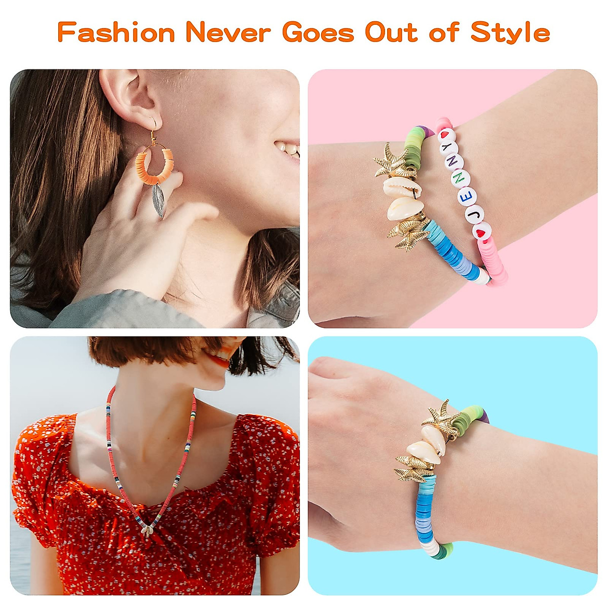 Maxzola inc. Clay Beads for Jewelry Bracelet Necklace Making Kit, 12870 Pcs Flat Round Polymer Clay Beads with Elastic Strings Pendant Charms Kit