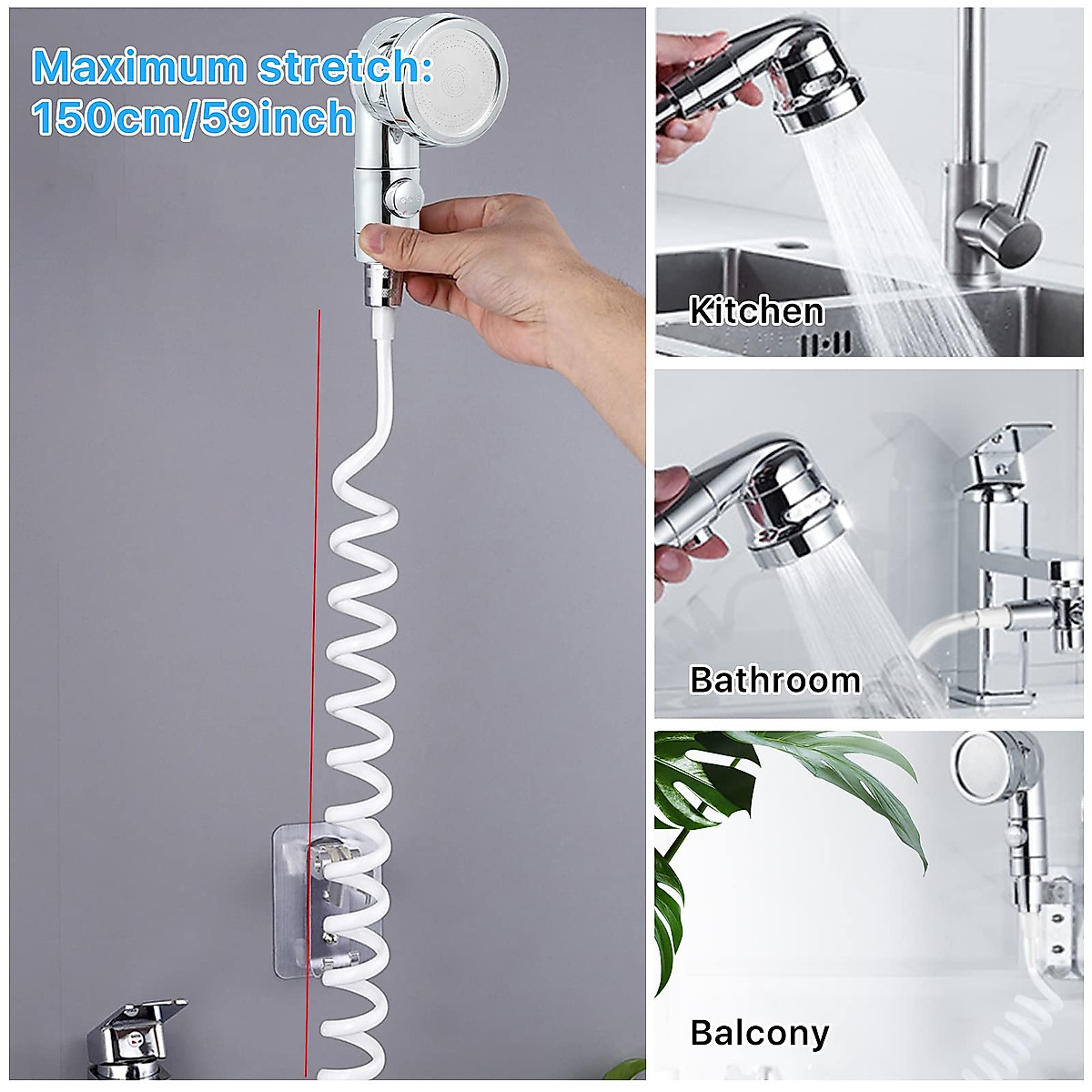 Elesunory Sink Faucet Sprayer Attachment- Adjustable 3 Sprayer Setting with ON/OFF Switch- Hand Held Shower Faucet Extender Up To 59Inch- Portable Shower Head with Hose for Hair Washing Dog Shower