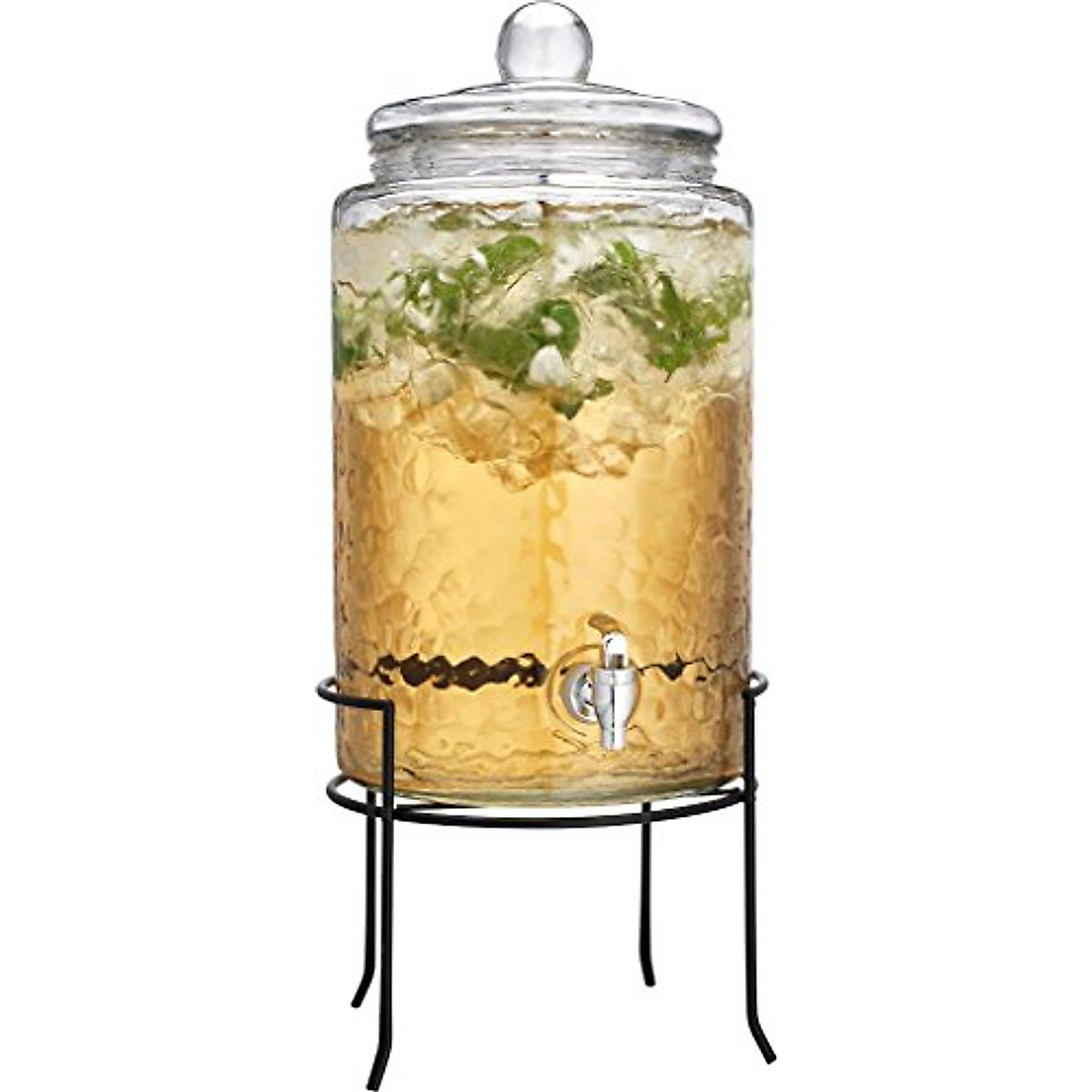 HC Classic Hammered Glass Ice Cold Beverage Drink Dispenser - 3 Gallon, With Glass Lid and Antique Metal Stand, 100% Leak Proof Spigot- Wide Mouth Easy Filling For Outdoor, Parties & Daily Use
