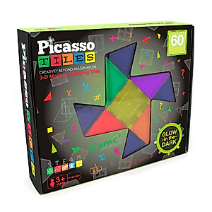 PicassoTiles Kids Toy Building Block Set Glow in The Dark Children Construction Kit Magnet Tiles Magnetic STEM Interlocking Playboard Educational Learning Stacking Blocks Child Brain Development PT60