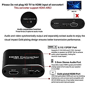 avedio links 4K@60Hz HDMI Audio Extractor, HDMI to HDMI + Optical Toslink SPDIF + 3.5mm AUX Stereo Audio Out, HDMI Audio Converter Adapter Splitter Support HDCP1.4 Full HD 1080P 3D