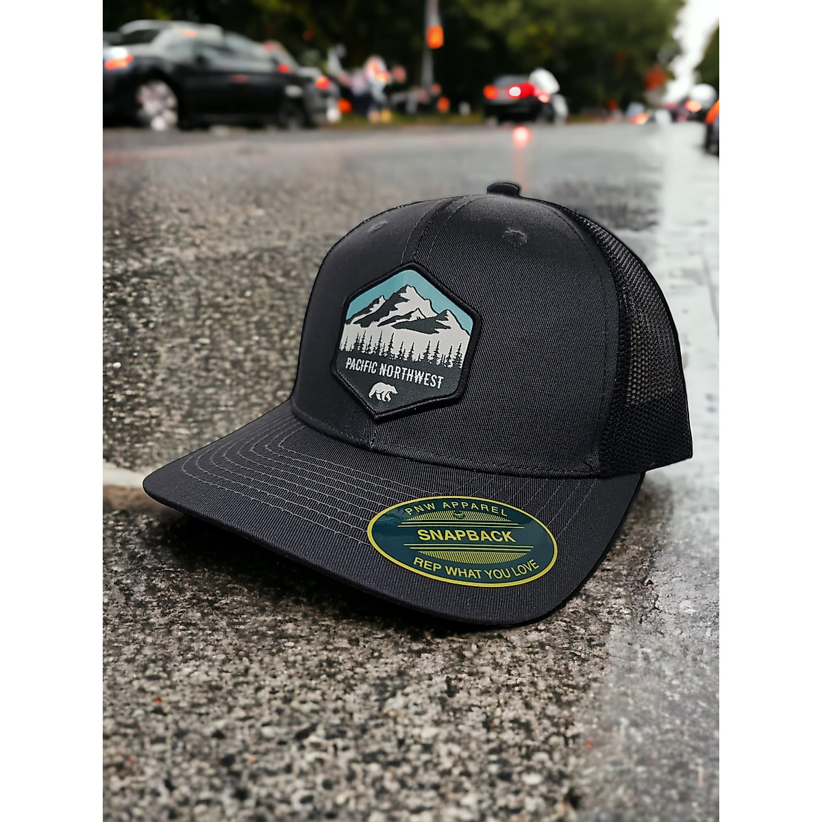 Pacific Northwest Trucker Hat w/mesh Backing and Pacific Northwest Woven Patch (Grey/Black)