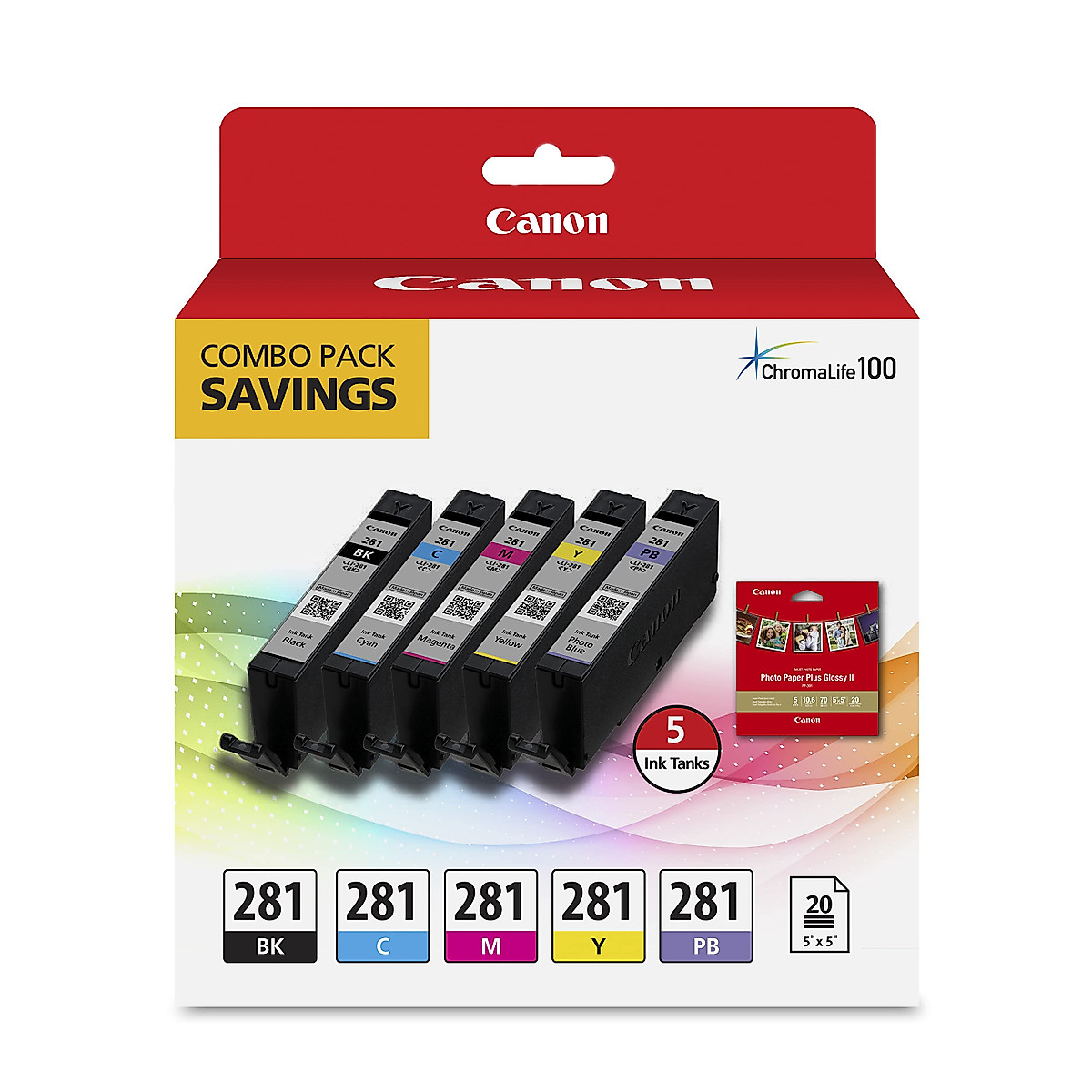 Genuine Canon CLI-281 5-Color Ink Tank Combo Pack with 5 x 5" Photo Paper (2091C006) + Canon PGI-280 XL Pigment Black Ink Tank (2021C001)