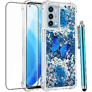 CAIYUNL for OnePlus Nord N200 5G Case with Tempered Glass Screen Protector, Glitter Bling Flowing Liquid Sparkle Women Girls Soft TPU Shockproof Protective Cute Case for OnePlus Nord N200 5G-Butterfly