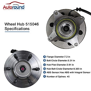 Autoround 515046 [2-Pack, 4x4] Front Wheel Hub and Bearing Assembly Compatible with 2004 2005 Ford F-150 4WD, Both Driver Passenger Side, 6 Lug w/ABS