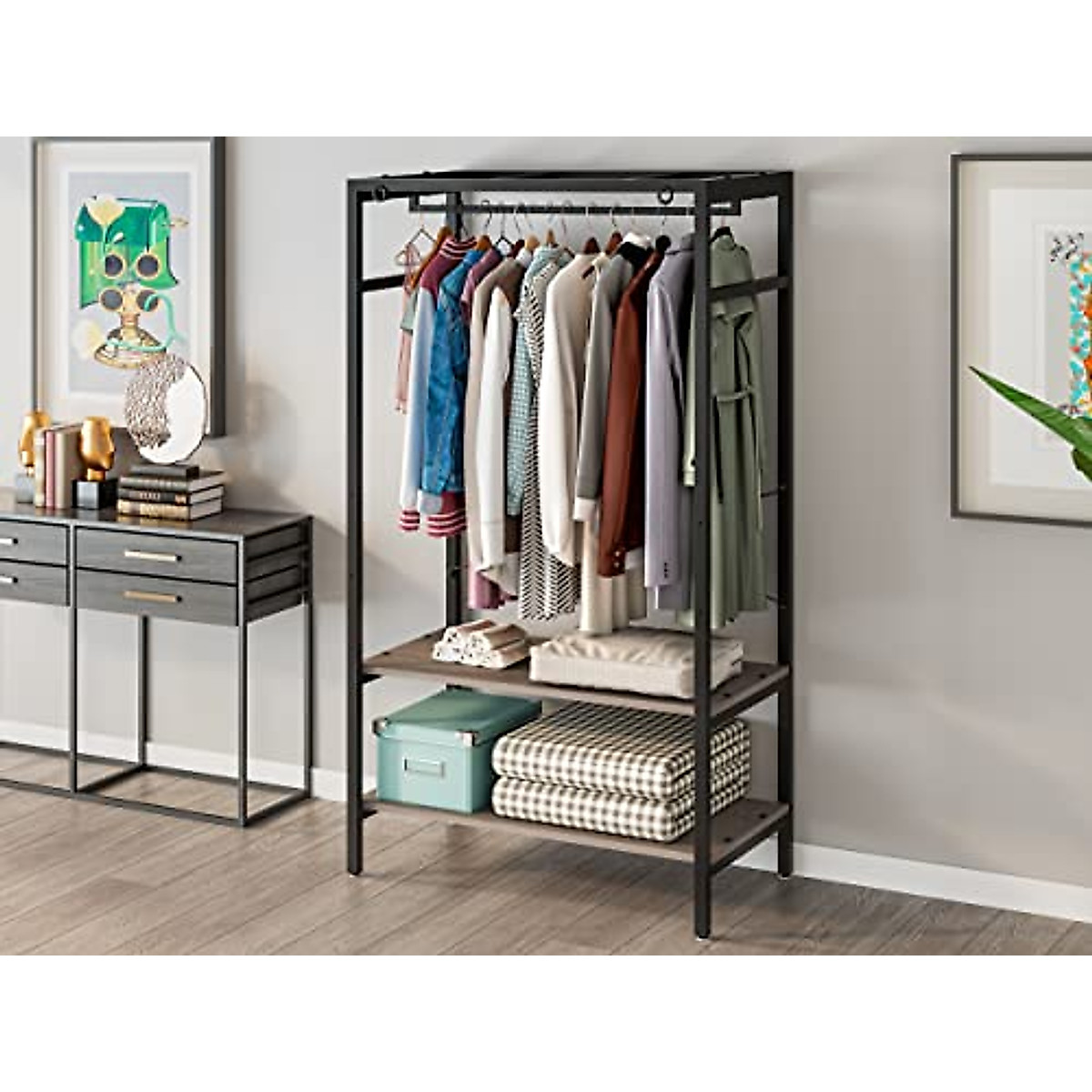 Gssimeal Closet Rack, 2 Tiers Heavy Duty Clothes Rack Garment Rack Freestanding Closet Large Wardrobe Bedroom Hanging Clothes Rack,Black