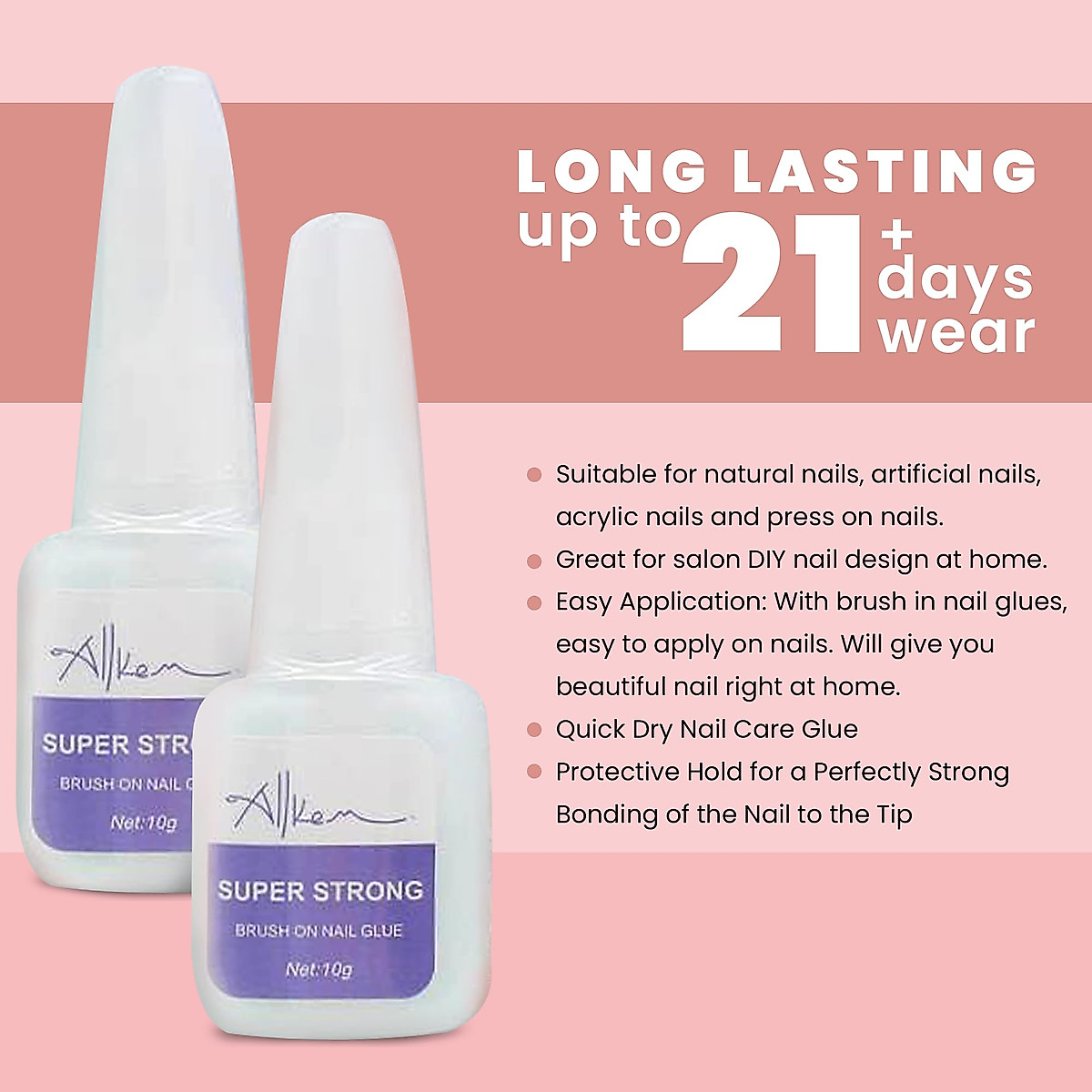 Allkem Super Strong Nail Glue for Press on Nails, Natural, Acrylic Nails, Fake Nails (10g) - Professional & Quick Dry Brush on Nail Tips Glue for Women