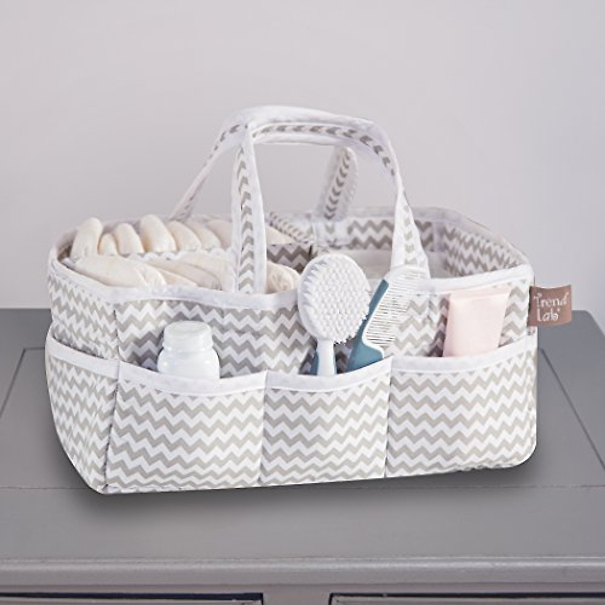 Trend Lab Dove Gray Chevron Storage Caddy Diaper Organizer for Baby Nursery and Changing Table Accessories, 12 in x 6 in x 8 in (Pack of 2)