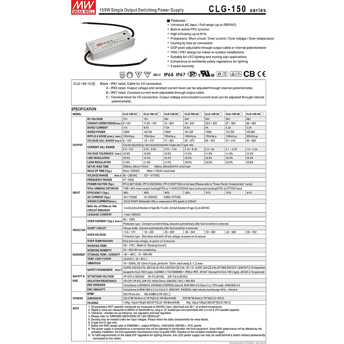 [PowerNex] Mean Well CLG-150-12A 12V 11A 132W Single Output LED Power Supply with PFC