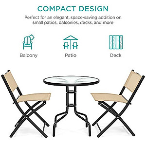 Best Choice Products 3-Piece Patio Bistro Dining Furniture Set w/Textured Glass Tabletop, 2 Folding Chairs, Steel Frame, Polyester Fabric - Beige