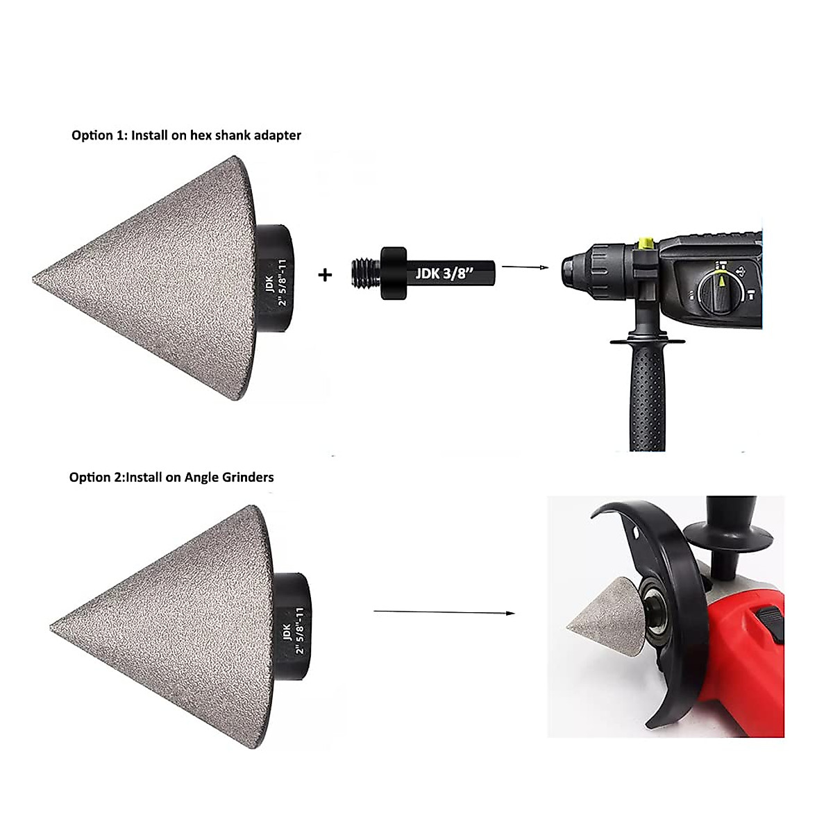 JDK Diamond Beveling Chamfer Bit, Diamond Countersink Drill Bits 2 Inch for Existing Holes Marble Glass Ceramic Countersink Hole Trimming 3/8” Hex Shank Adapter (2‘’ Hex Shank)