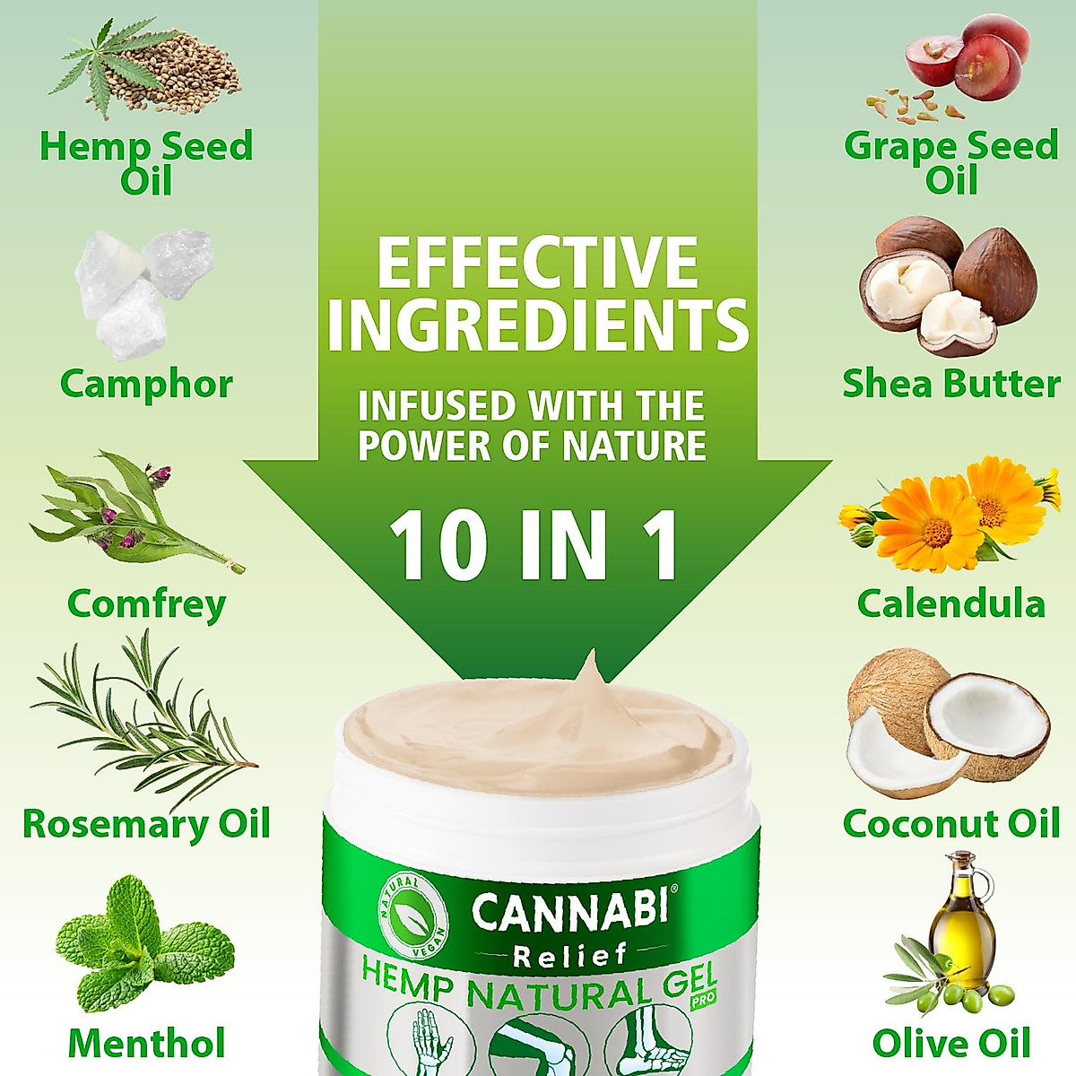 Cannabi Relief HEMP CREAM PRO 10 fl. oz Premium High Strength 10-in-1 Formula | Hemp Oil Menthol Rosemary Calendula | Gel for Knee Back Muscle Joint Neck Shoulders Elbows Hands Hips Wrists Full Body