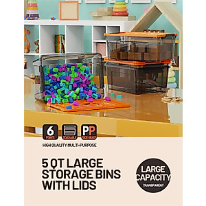 WYT 5-Quart Small Storage Container Bin with Orange Secure Lid and Black Clear Latch Buckles, Durable Plastic Stackable Nestable Organizin, 6-Pack