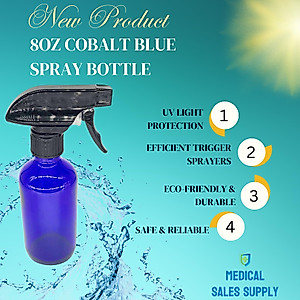 Medical Sales Supply 8oz Cobalt Blue Glass Bottles with Durable Trigger Sprayers - (2 Pack)