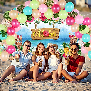 66 Pcs Hawaiian Aloha Party Decorations Luau Backdrop Tiki Banner Summer Tropical Balloon Garland Arch Kit Palm Leaves Hawaiian Theme Tablecloth for Birthday Baby Shower Tropical Beach Party Supplies