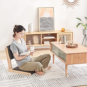 Tatami Chair Accent Furniture, Foldable Meditation Floor Chair, Folding Floor Chairs Seat, Portable Japanese Legless Chair, Back Rest Chair with Cushion, Wood Grey