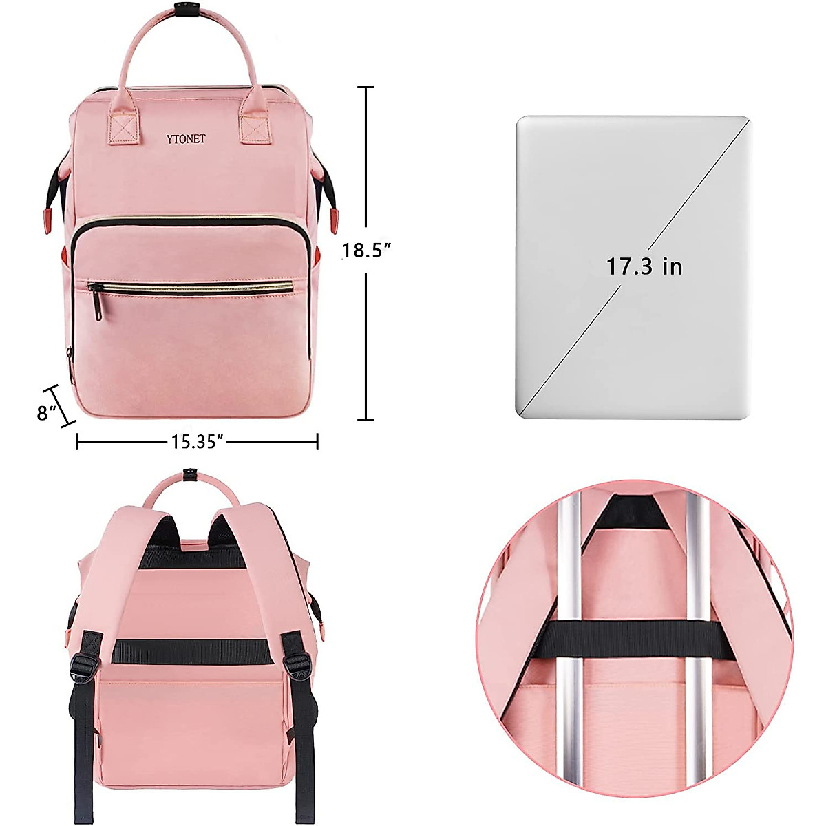 Ytonet Pink Laptop Backpack, 17.3 Inch Carry on Backpack for Women Teacher Nurse with USB Charging Port, Large Travel Carry on RFID Anti-theft Trip Water Resistant Bags for Work/College, Pink