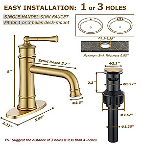 Hangoro Bathroom Faucet, Brush Gold Single Handle Faucets for Bathroom Sink, Solid Valve & Pop Up Drain, Touch On Bathroom Faucets for Vanity, Lavatory, Bathroom or Sink(L2301-BG)