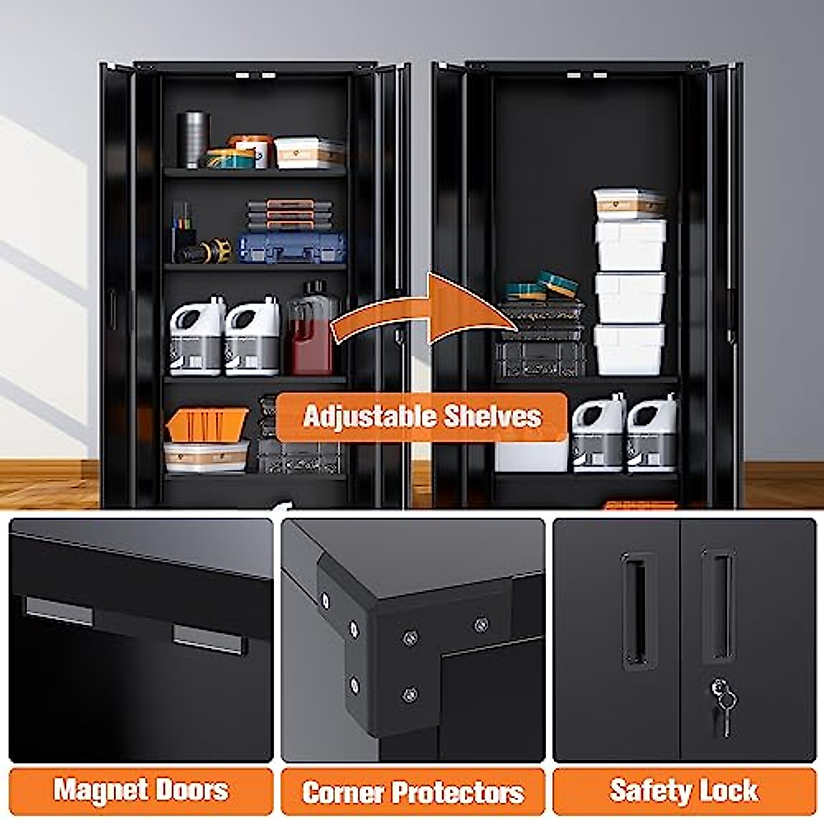 Aobabo 72 Inch Tall 2 Door Rolling Locking Metal Storage Cabinet Organizer with 4 Adjustable Shelves and 2 Keys for Garages and Offices, Black…