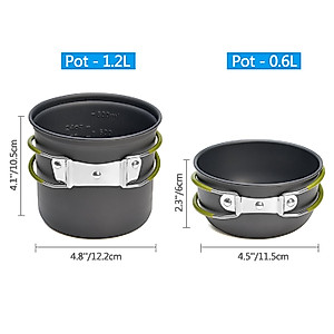 Odoland Camping Cookware Stove Carabiner Canister Stand Tripod and Stainless Steel Cup, Tank Bracket, Fork Spoon Kit for Backpacking, Outdoor Camping Hiking and Picnic,Green