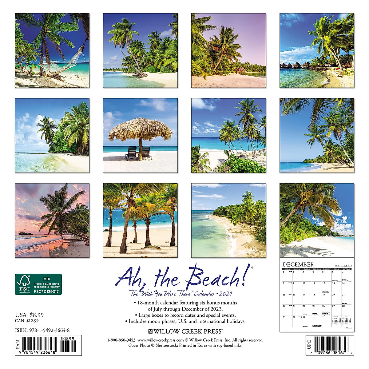Willow Creek Press Ah The Beach! Monthly Mini 2024 Wall Calendar (7" x 7")