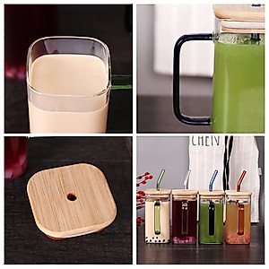 SAIOOL Glass Cups Set 4 Pack - 17oz Wide Mouth Mason Jar Drinking Glasses with Bamboo Lids & Straws and Square Color Handle Cup ,Beer, Iced Coffee, Ideal for Cocktail, Whiskey, Gift