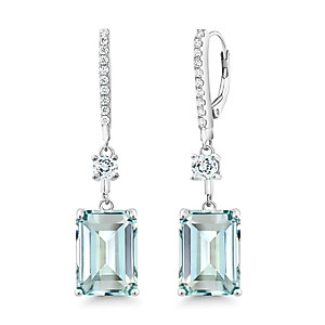 Gem Stone King 925 Sterling Silver Sky Blue Simulated Aquamarine Dangle Earrings For Women (14.08 Cttw, Emerald Cut 14X10MM)