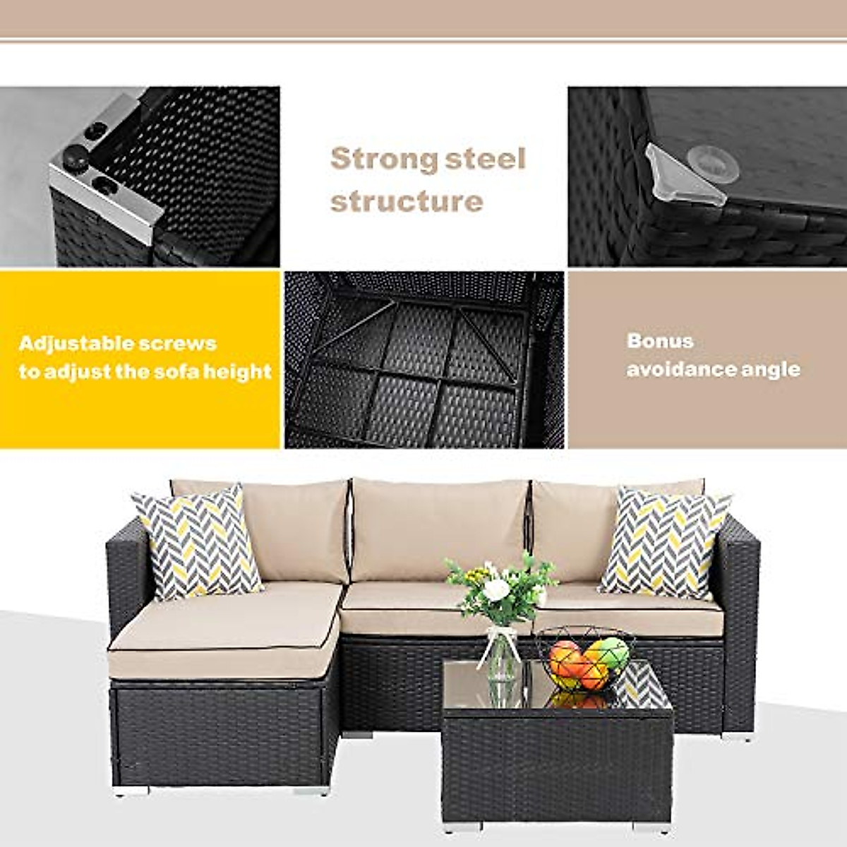 Walsunny 3 Piece Patio Furniture Set Outdoor Sectional Sofa with Upgrade Rattan Wicker Conversation Loveseat Couch(Black Rattan)(Khaki/Black)
