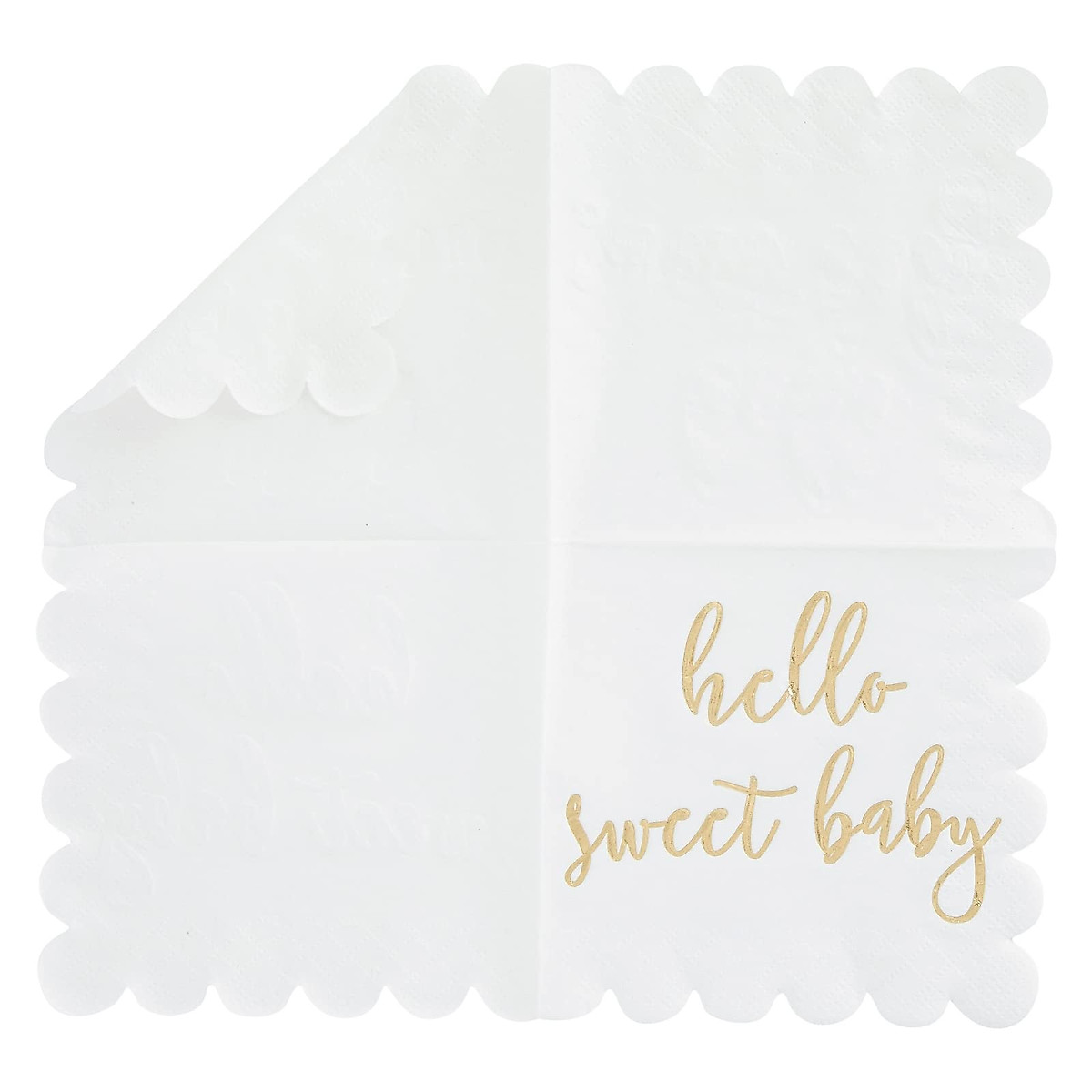Juvale 50 Pack White Scalloped Baby Shower Napkins for Girls and Boys, Gold Foil Hello Sweet Baby Decorations (5 x 5 In)